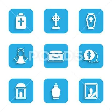 Set Coffin with cross, Funeral urn, Mourning photo frame, Grave, Old ...