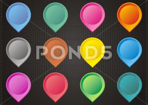 Set of colorful map pointers on black background ~ Clip Art #46939595