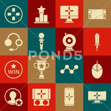 Set Computer monitor, mouse gaming, Sword for game, Joystick arcade machine, ~ Clip Art #159939843