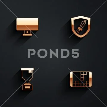 Set Computer monitor, Sword for game, Award cup and Portable video console icon ~ Clip Art ...