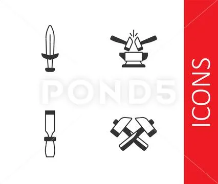 Set Crossed hammer, Medieval sword, Rasp metal file and Anvil and icon ...