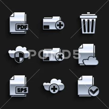 Set Delete folder, Add cloud, Document and check mark, Cloud storage text Illustration #237005568