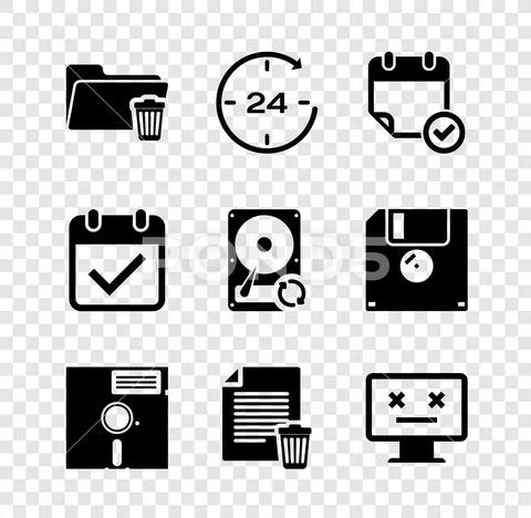 Set Delete folder, Clock 24 hours, Calendar with check mark, Floppy disk in the ~ Clip Art ...