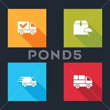 Set Delivery truck with check mark, package umbrella, in movement and boxes icon Illustration ...