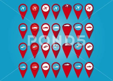 Set of different kinds of map pointers with transport icons ~ Clip Art ...