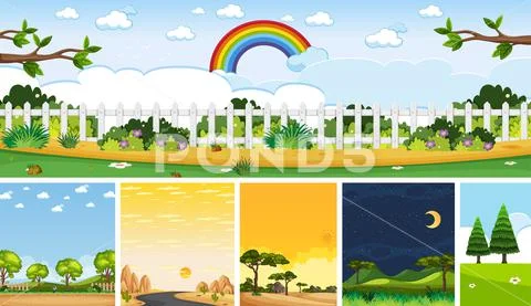 Set of different nature place scene in vertical and horizon scenes at ...