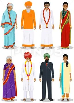 Set of different standing indian old and young adult people in the ...