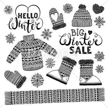 Set Drawings Knitted Woolen Clothing And Footwear. Sweater, Hat, Mitten ...