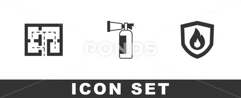 Set Evacuation plan, Fire extinguisher and protection shield icon ...