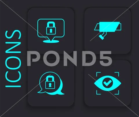 Set Eye scan, Lock, Security camera and icon. Black square button ...