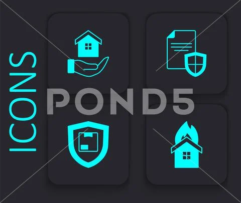 Set Fire in burning house, House hand, Contract with shield and Delivery: Royalty Free #165552438