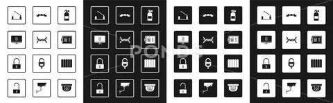 Set Fire extinguisher, Barbed wire, Lock on computer monitor, Parking car Illustration #158559548