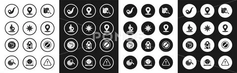 Set Folded map with location marker, Wind rose, Map silhouette of ...