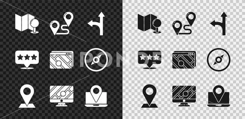Set Folded map with push pin, Route location, Road traffic sign, Location: Royalty Free #160367234