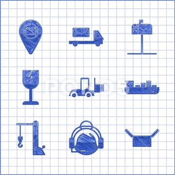 Set Forklift truck, Cardboard box with traffic symbol, Cargo ship boxes delivery: Royalty Free ...