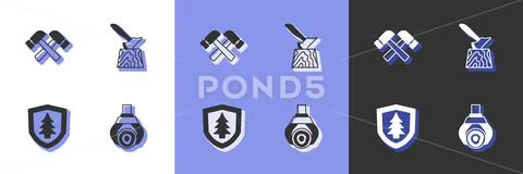 Set Grapple crane grabbed a log, Crossed hammer, Shield with tree and ...