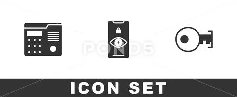Set House intercom system, Eye scan and Key icon. Vector: Royalty Free #150417674