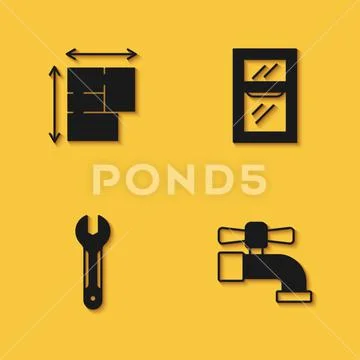 Set House plan, Water tap, Wrench spanner and Window in room icon with ...