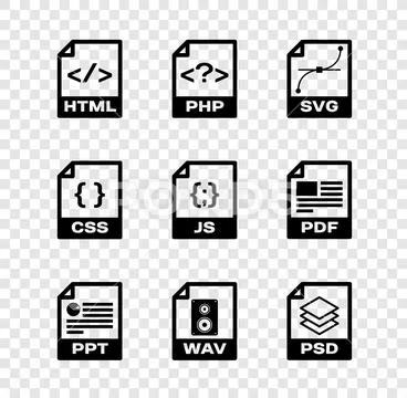 Set HTML file document, PHP, SVG, PPT, WAV and PSD icon. Vector Illustration #250104968
