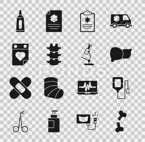 Set Human broken bone, IV bag, organ liver, Clinical record, spine ...
