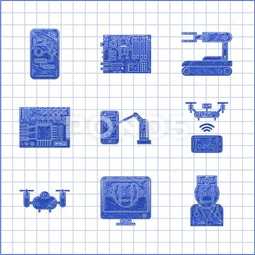 Set Industrial machine robotic robot arm hand, Bot, Robot doctor, Remote aerial: Royalty Free ...