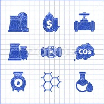 Set Industry metallic pipes and valve, Chemical formula consisting of ...