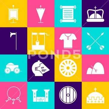 Set King crown, Bale of hay and rake, Medieval crossed arrows, Decree ...