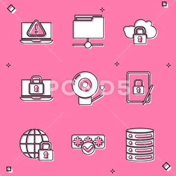 Set Laptop with exclamation mark, FTP folder, Cloud computing lock, and, Ri..: Graphic #253322745