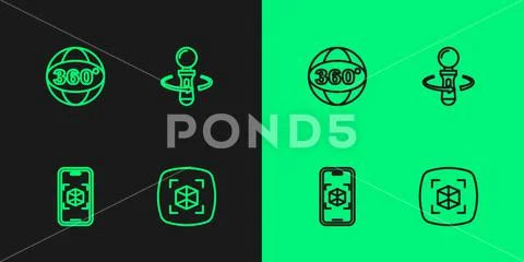 Set line 3d modeling, 360 degree view and VR controller game icon. Vector ~ Clip Art #213868779