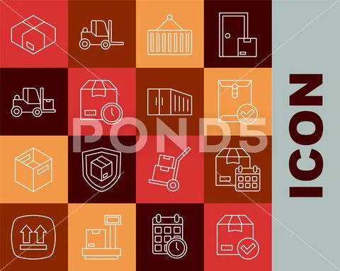 Set line ackage box with check mark, Cardboard calendar, Envelope and, Container Illustration ...