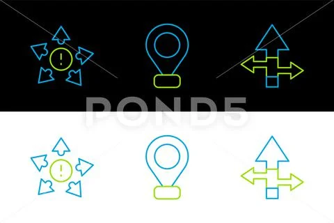 Set line Arrow, Many ways directional arrow and Location icon. Vector ...