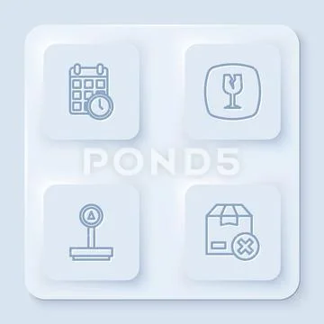 Set line Cardboard box with calendar, Fragile broken glass, Scale and Carton: Royalty Free ...