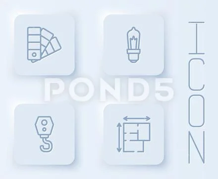 Set line Color palette guide, Light bulb, Crane hook and House plan ...