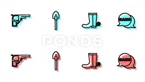 Set line Cowboy boot, Revolver gun, Shovel and Bang boom, Comic icon ...