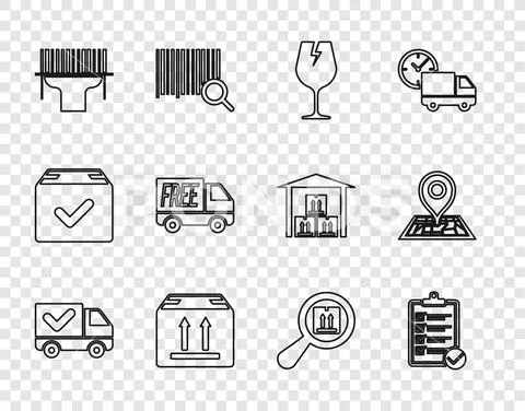 Set line Delivery truck with check mark, Fragile broken glass, Cardboard box: Royalty Free ...