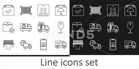 Set line Delivery truck with check mark, Fragile broken glass, Cardboard box: Graphic #169607393