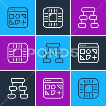 Set line Different files, Hierarchy organogram chart and Processor with CPU icon: Graphic #164492777
