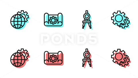 Set line Drawing compass, Globe of the Earth and gear, Graphing paper ...