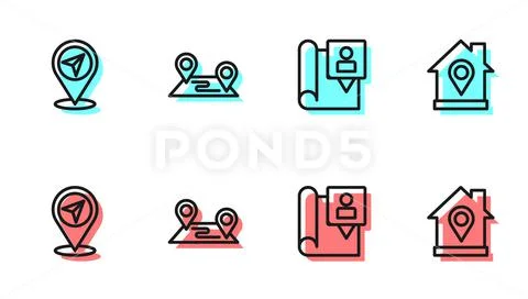 Set line Folded map with location marker, Map pin, Route and Location house i Illustration ...