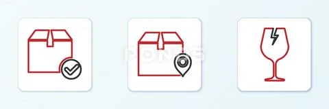 Set line Fragile broken glass, Package box with check mark and Location Illustration #236784620