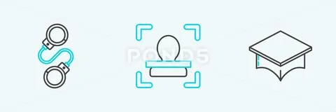 Set line Graduation cap, Handcuffs and Face recognition icon. Vector ...