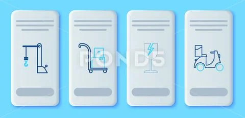 Set line Hand truck and boxes, Fragile broken glass symbol, Harbor port crane: Graphic #201115581