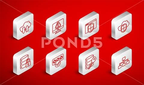 Set line Hierarchy organogram chart, Monitor with exclamation mark, Browser..: Graphic #255061937