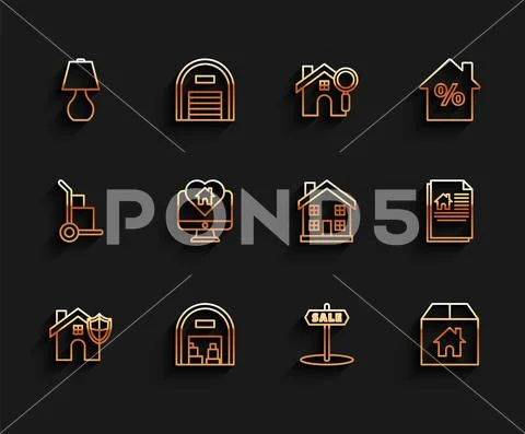 Set line House with shield, Warehouse, Table lamp, Hanging sign text ...
