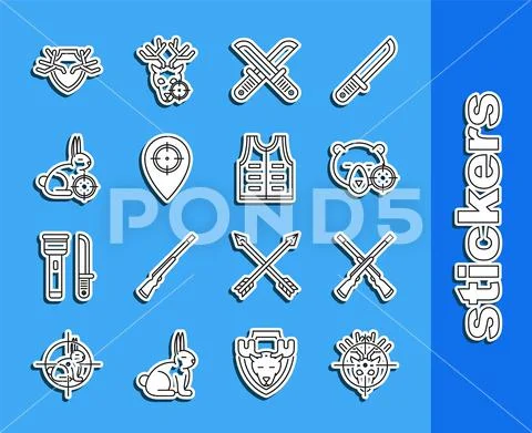 Set line Hunt on deer with crosshairs, Two crossed shotguns, bear ...