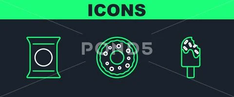 Set line Ice cream, Bag or packet potato chips and Donut icon. Vector ...