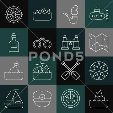 Set line Iceberg, Wind rose, Pirate treasure map, Smoking pipe ...