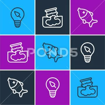 Set line Light bulb with leaf, Dead fish and Barrel oil leak icon ...