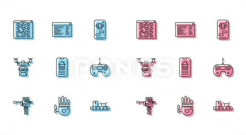 Set line Mechanical robot hand and screwdriver, Conveyor belt with cardboard box: Graphic #245012941