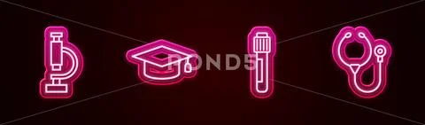Set line Microscope, Graduation cap, Test tube and Stethoscope. Glowing ...